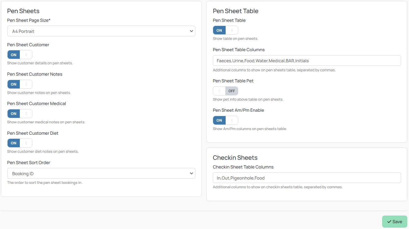 Booking Sheets (Pen & Checkin) - Settings – Pet Manager