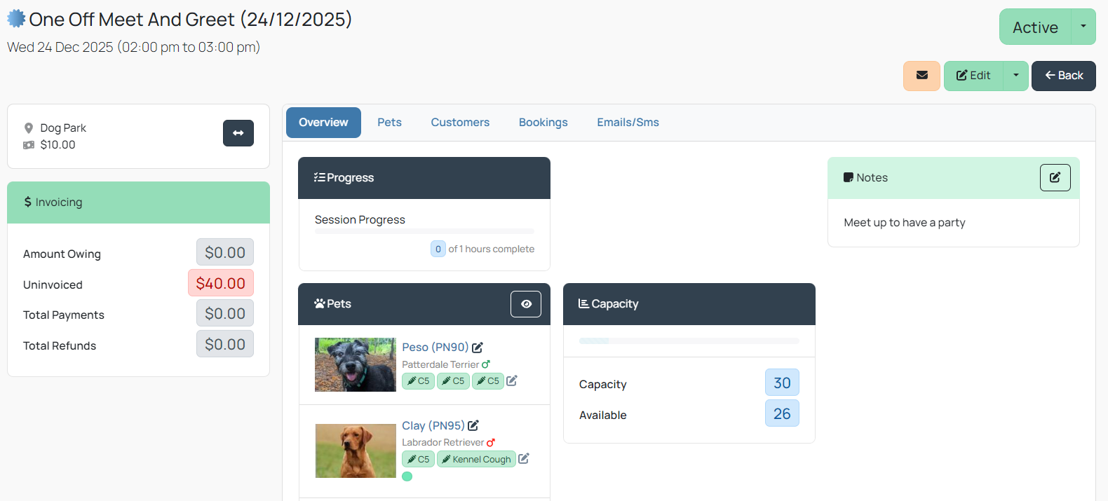 Dog Park Sessions – Pet Manager